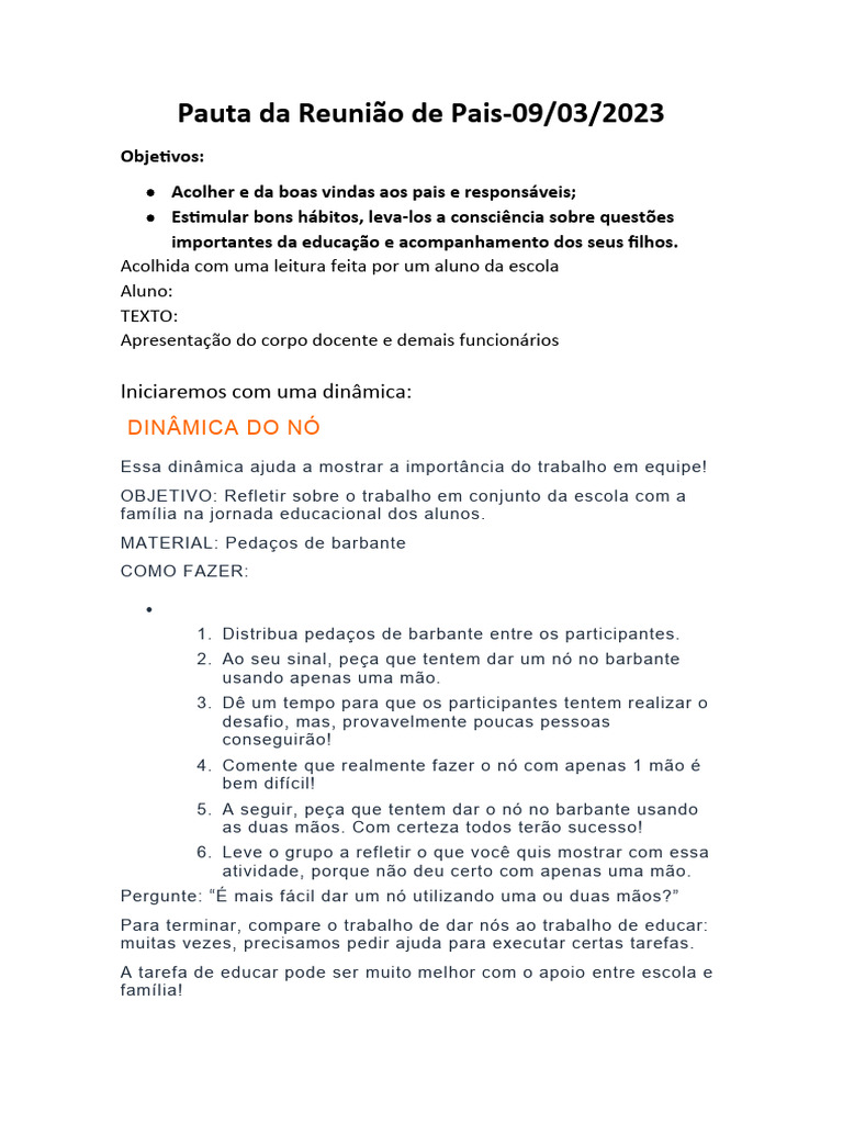 Pauta da Reunião de Pais | PDF