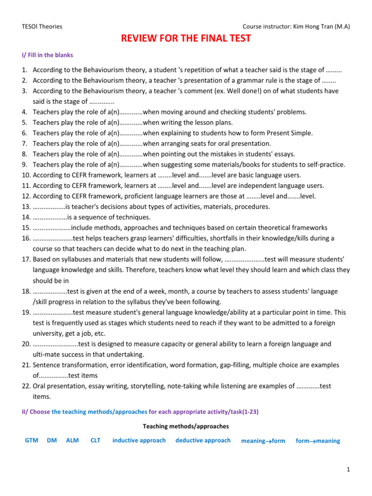 Review For Final Test | Download Free PDF | English As A Second Or ...