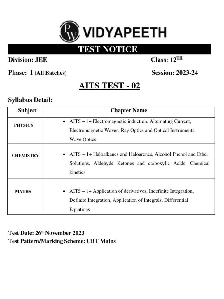 Aits 02 Test Syllabus 26 11 2023 Pdf