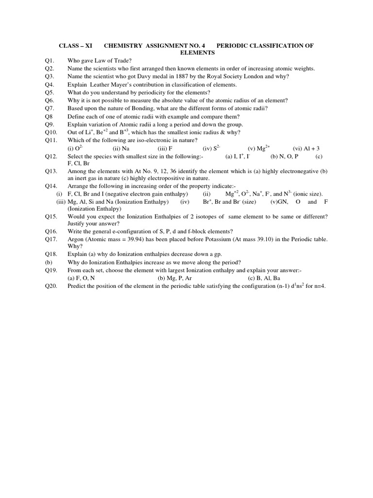 Class 11 Chemistry: Periodic Classification Worksheet | PDF | Periodic ...