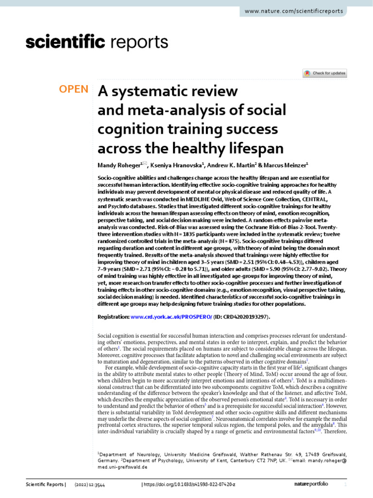 Social Cognition Training Success | PDF | Theory Of Mind | Dementia