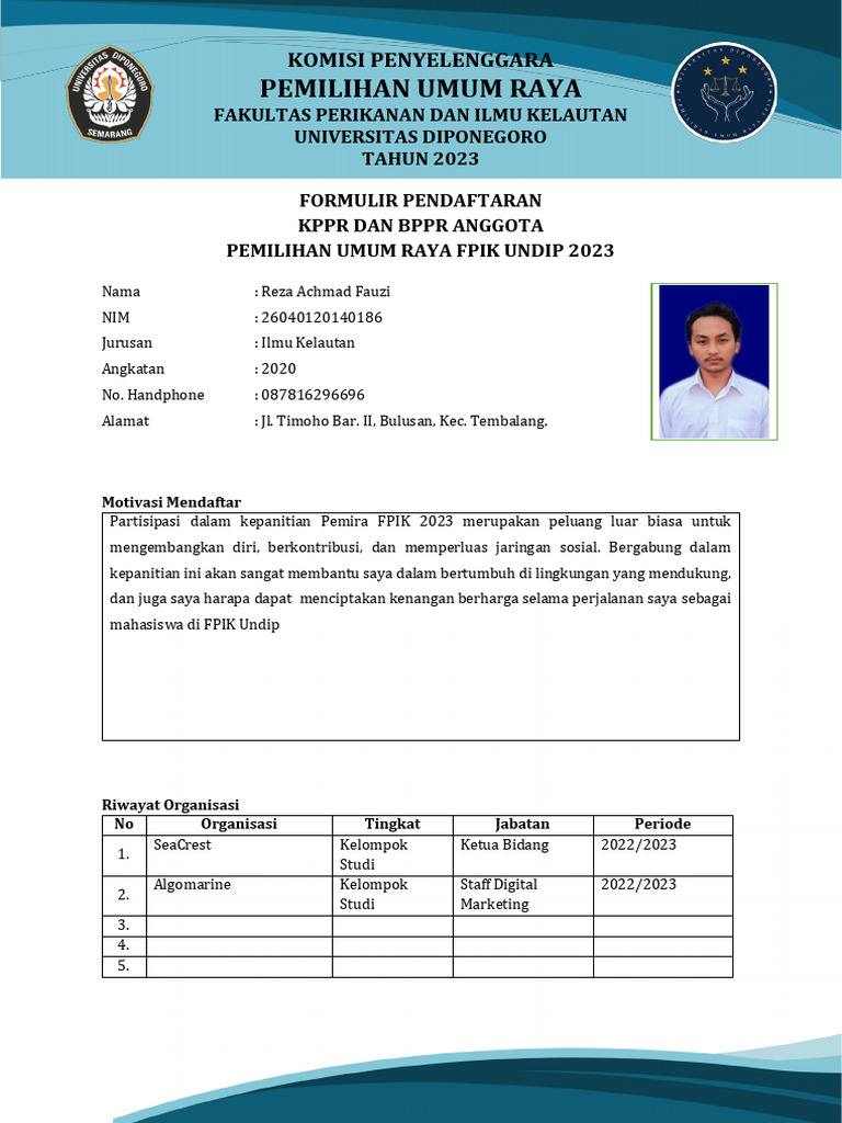 Reza Achmad Fauzi - .26040120140186 - Berkas Anggota KPPR Dan BPPR | PDF