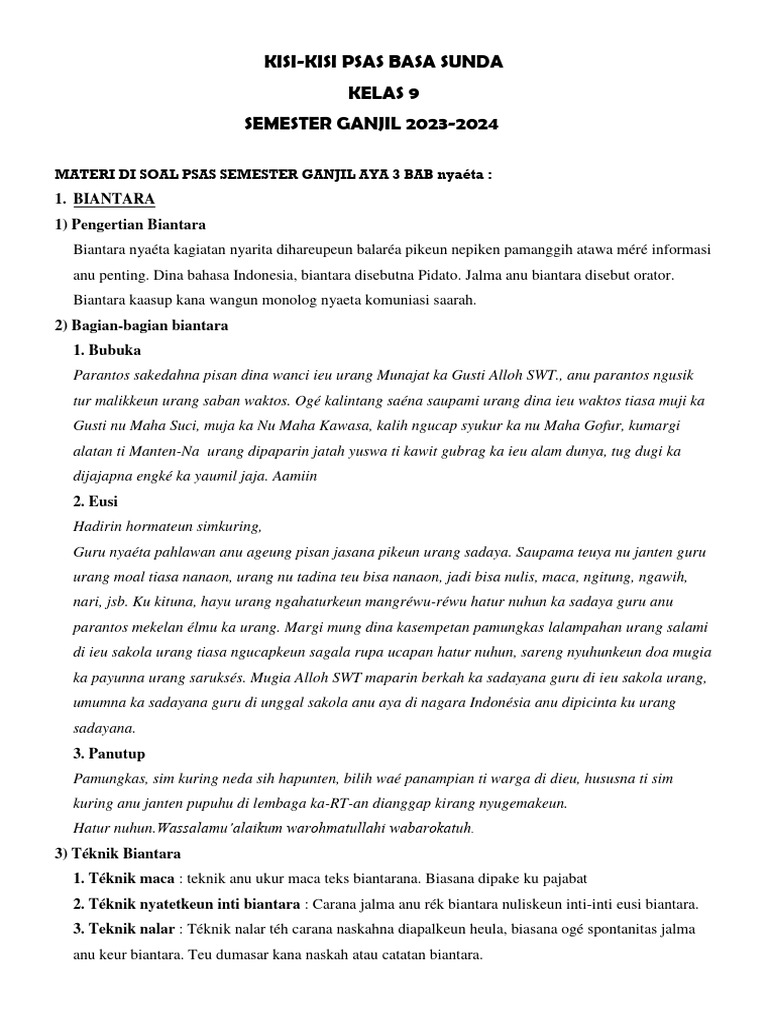 Kisi-Kisi Psas B.sunda KLS 9 - Ka Barudak-2023 | PDF