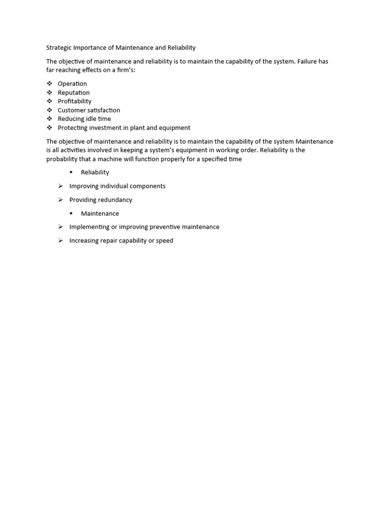 Strategic Importance of Maintenance and Reliability | PDF Strategic Importance of Maintenance and Reliability | PDF