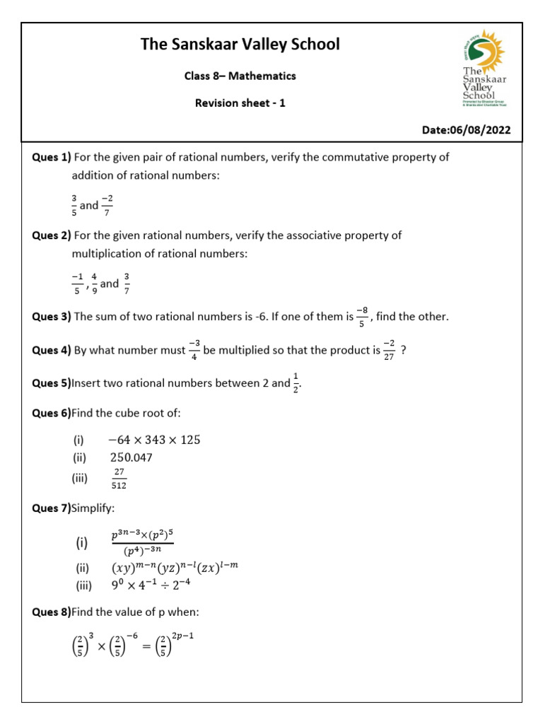 Grade 8 Revision Worksheet Half Yearly 1 - 220809 - 134002 | PDF ...