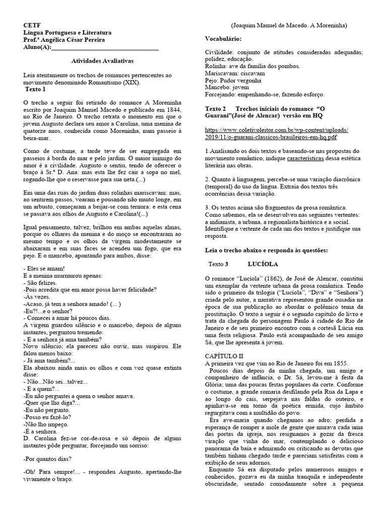 Atividades Avaliativas Romantismo | PDF | Amor | Romantismo