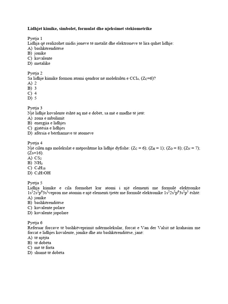 Lidhjet Kimike, Simbolet, Formulat Dhe Njehsimet Stekiometrike | PDF