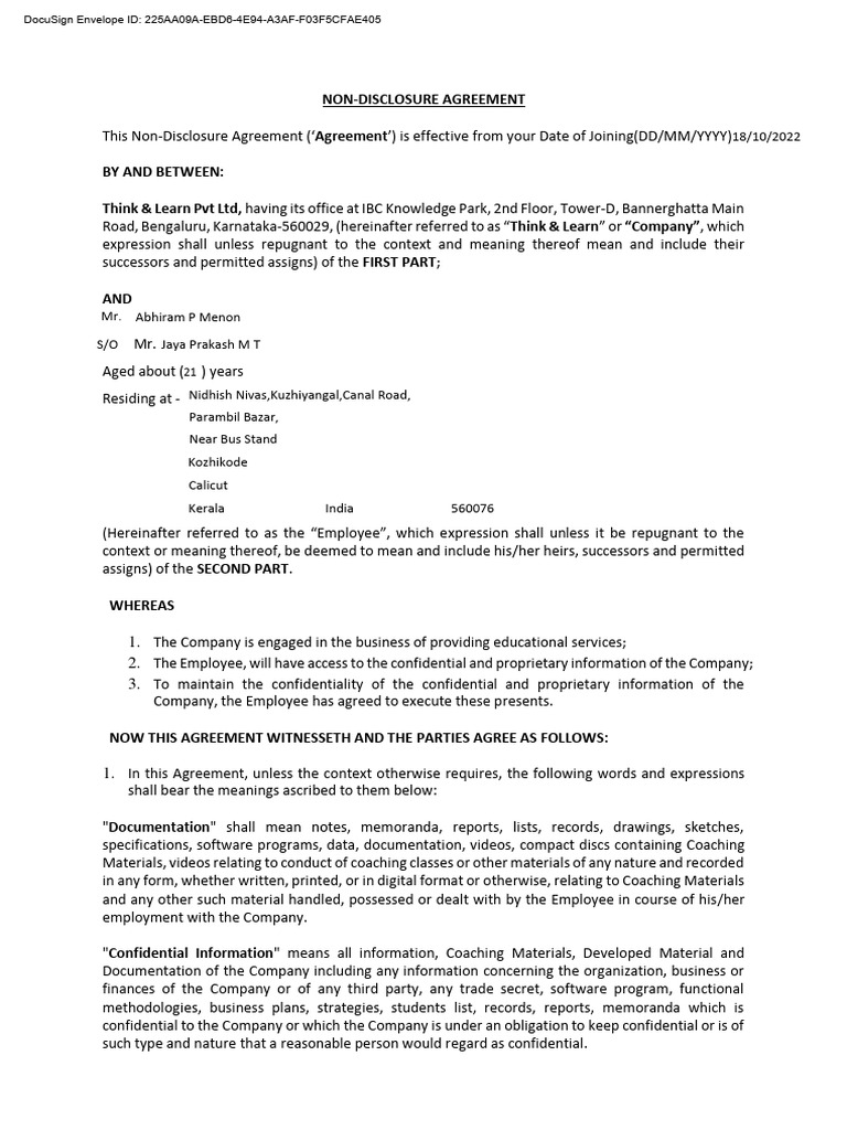 MenonAbh Onboarding NDA Form V1 | Download Free PDF | Employment | Business