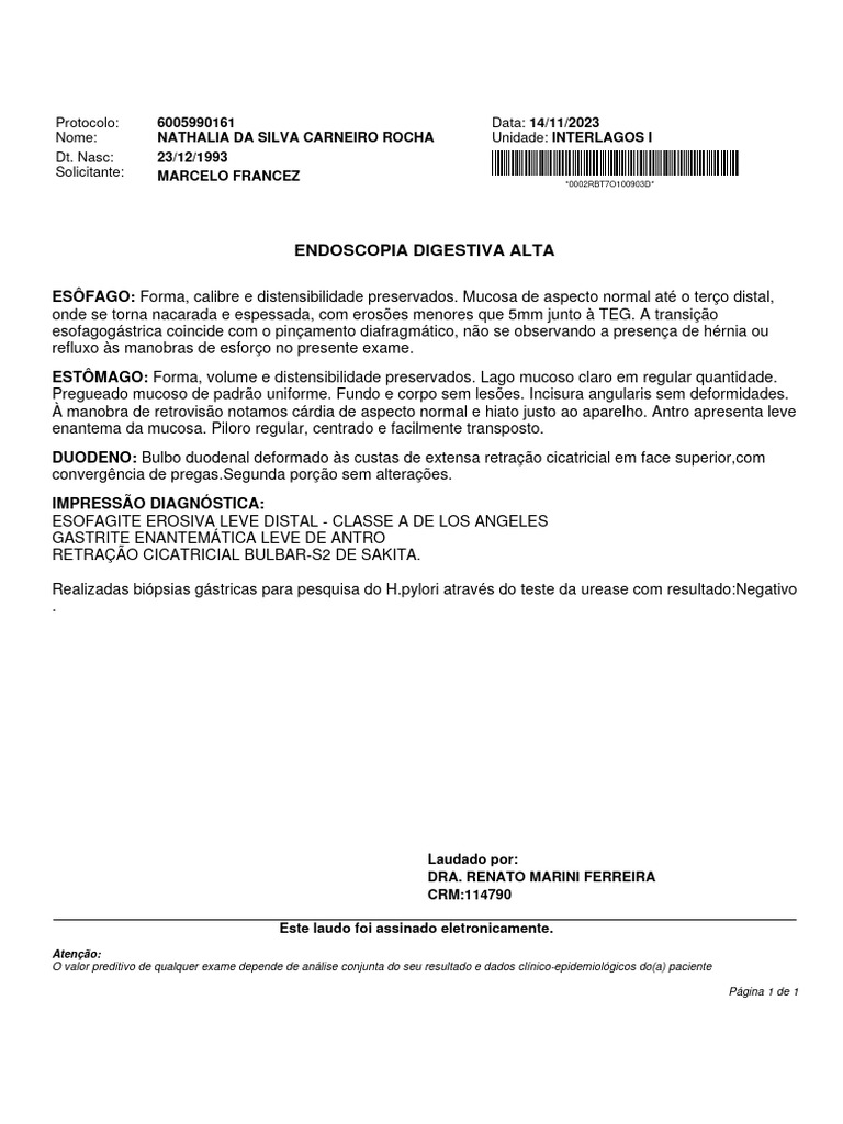 ENDOSCOPIA DIGESTIVA ALTA (Laudo) | PDF