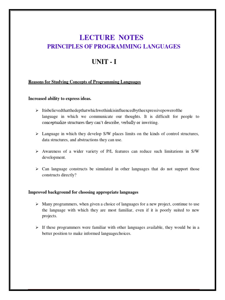 PPL Lecture Notes IV Cse I Sem | PDF | Data Type | Programming