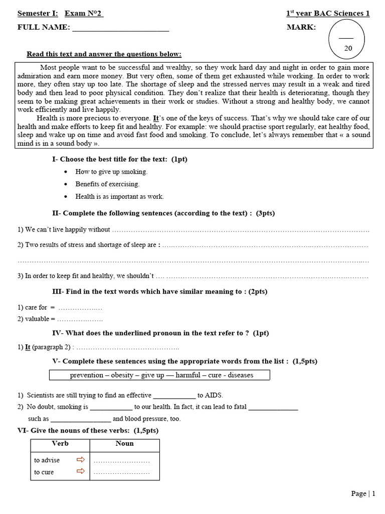 1 Bac Test Final | PDF