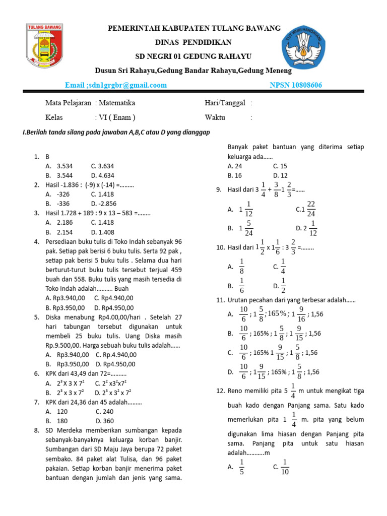 Soal Matematika Kelas VI SD Negeri 01 | PDF