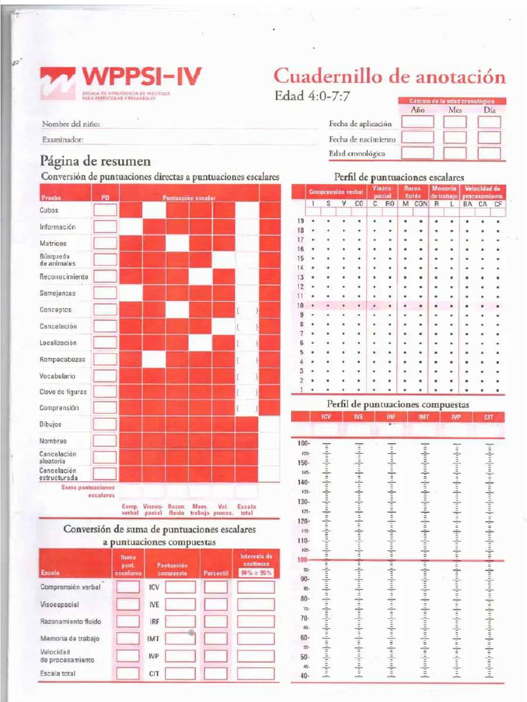 WPPSI IV. Cuadernillo de Anotación. 4 A 7.7 Años | PDF