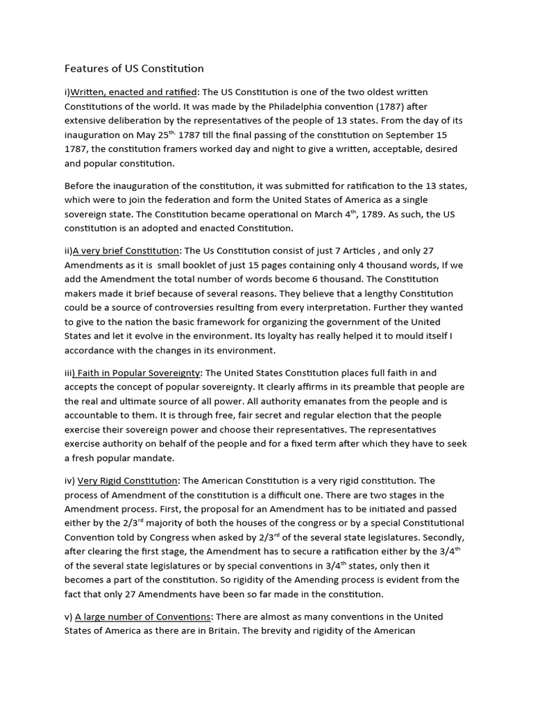 Features of US Constitution | PDF | Separation Of Powers | Constitution