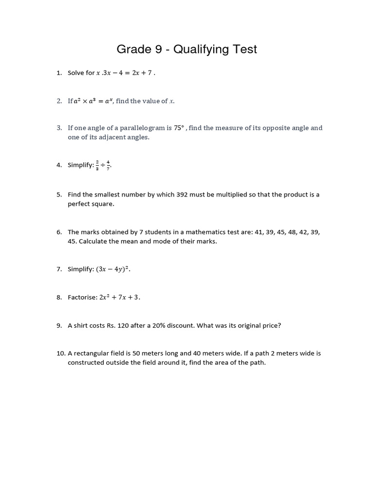 Grade 9 - Qualifying Test | PDF