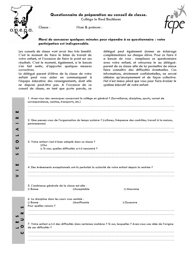 Questionnaire Préparation Conseil Classe | PDF
