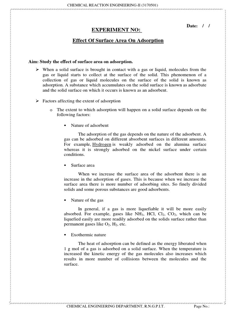 CRE-2 Study Experiment - Effect of Surface Area On Adsorption | PDF | Adsorption | Reaction Rate