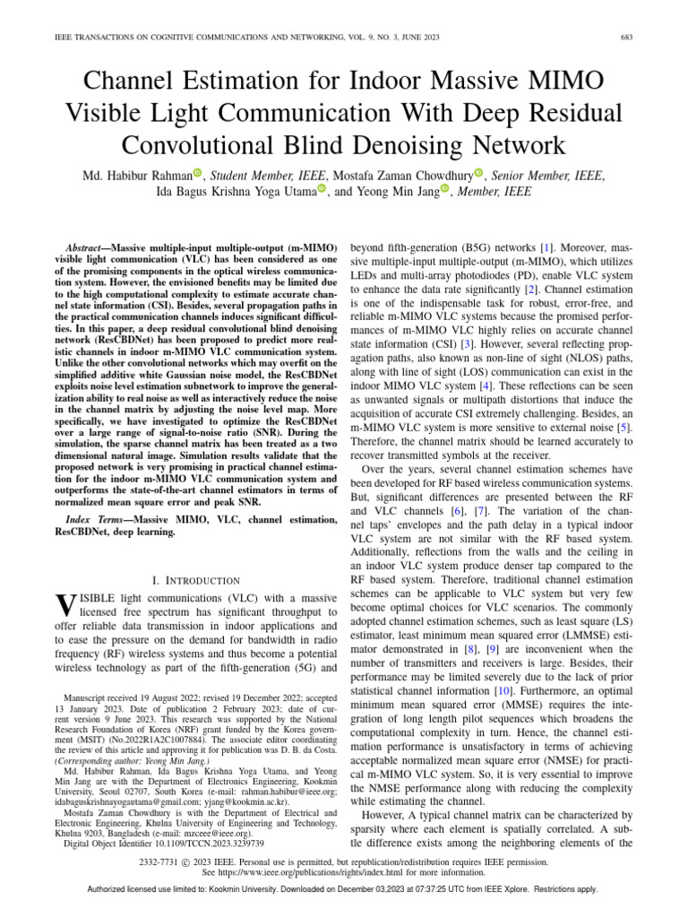 Channel Estimation For Indoor Massive MIMO Visible Light Communication With Deep Residual ...