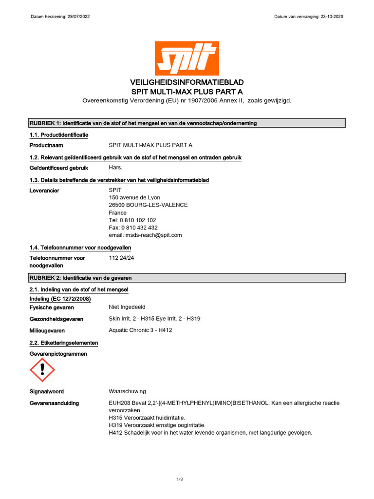 Veiligheidsblad Component A Spit Multi Max Xtrem 060238 NL | PDF