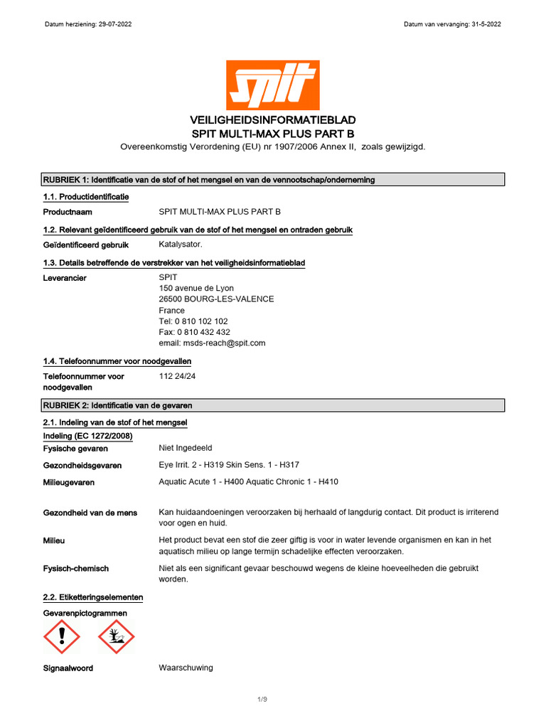 Veiligheidsblad Component b Spit Multi Max Xtrem 060238 Nl | PDF