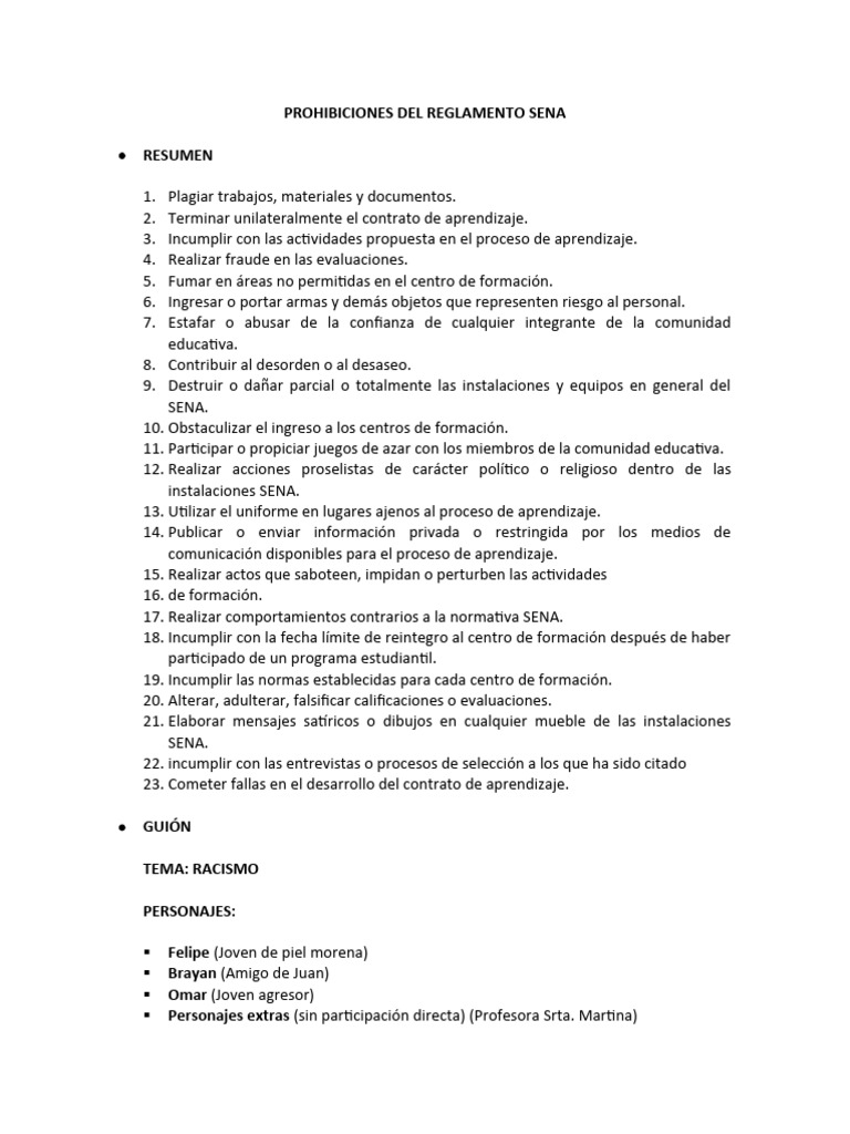PROHIBICIONES DEL REGLAMENTO SENA | PDF