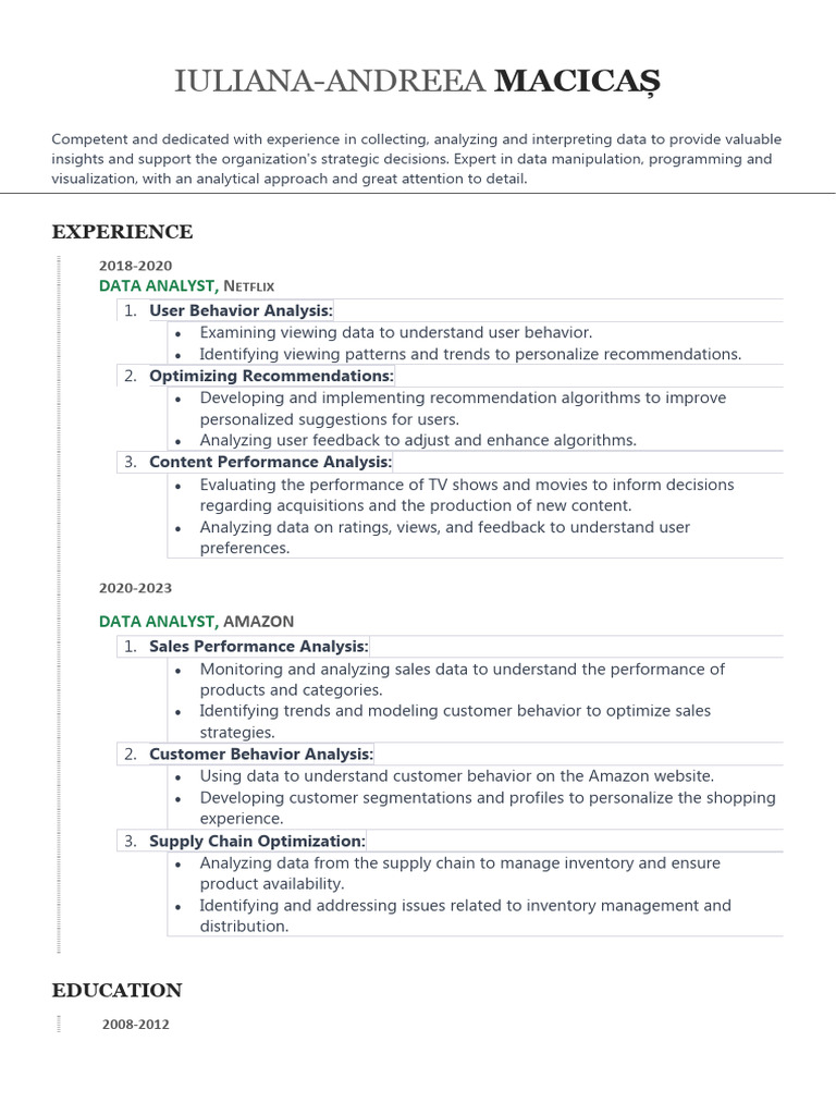 2 Cv Data Analyst (Exemplu Andreea Ase) | PDF