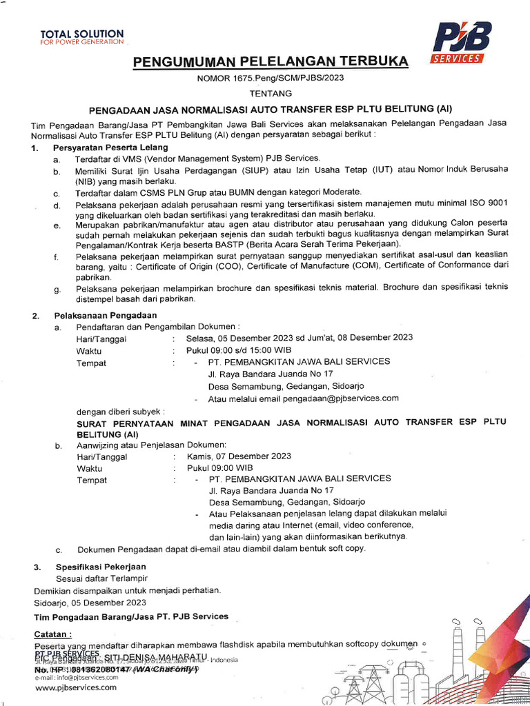 Pengumuman Pengadaan Jasa Normalisasi Auto Transfer Esp Pltu Belitung ...