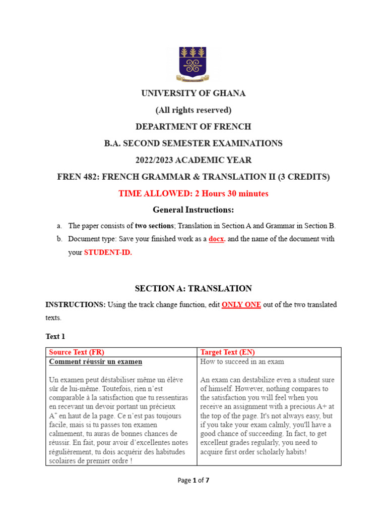 Fren 482 2023 Sem 2 Exams | PDF