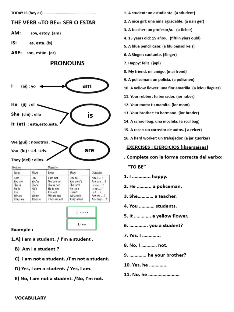 El Verbo Tobe Una Sola Hoja - Ejercicios | PDF | Artes del Lenguaje y ...