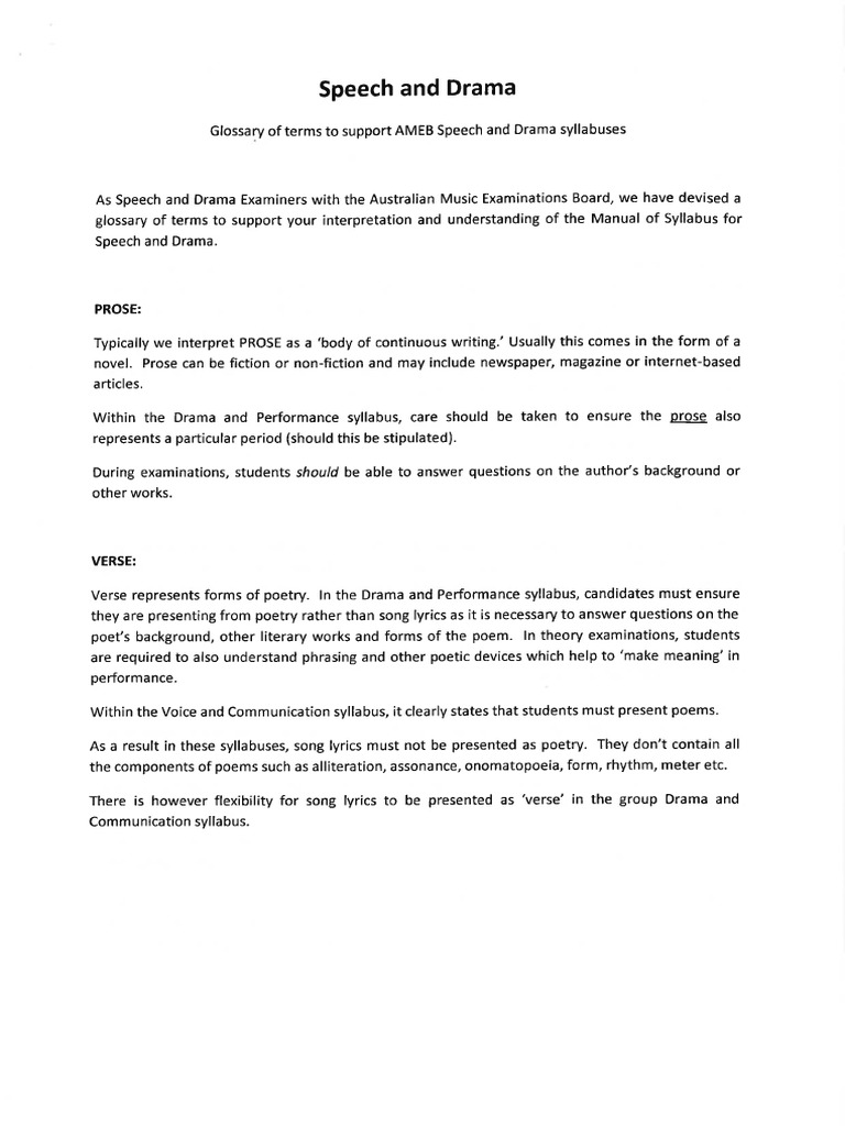 Glossary of Terms To Support The AMEB Speech and Drama Syllabuses | PDF