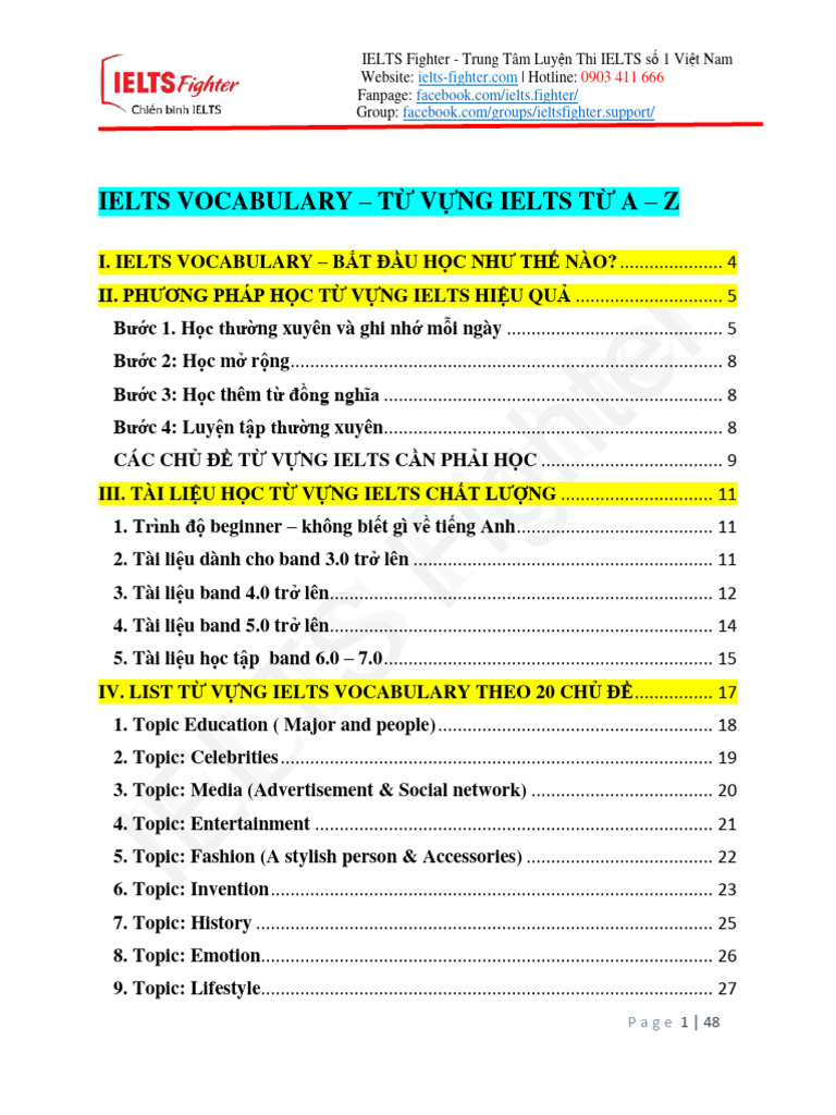 IELTS Vocabulary-T V NG IELTS Theo Topics Siêu Hay - IELTS Fighter | PDF