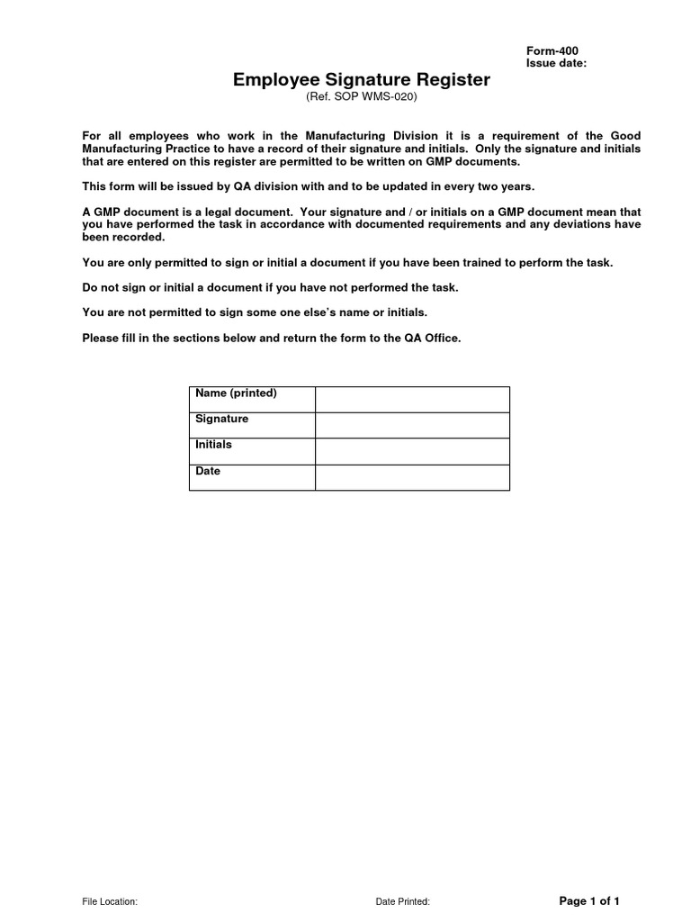 Form 400 Employee Signature Register | PDF