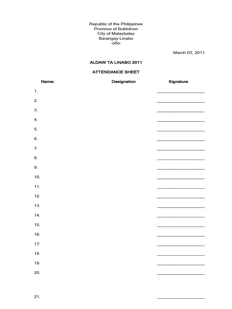 Attendance Sheet for Aldaw Ta Linabo | PDF