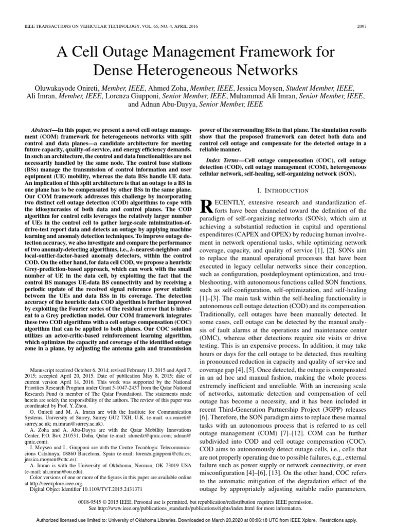 A Cell Outage Management Framework For Dense Heterogeneous Networks | PDF