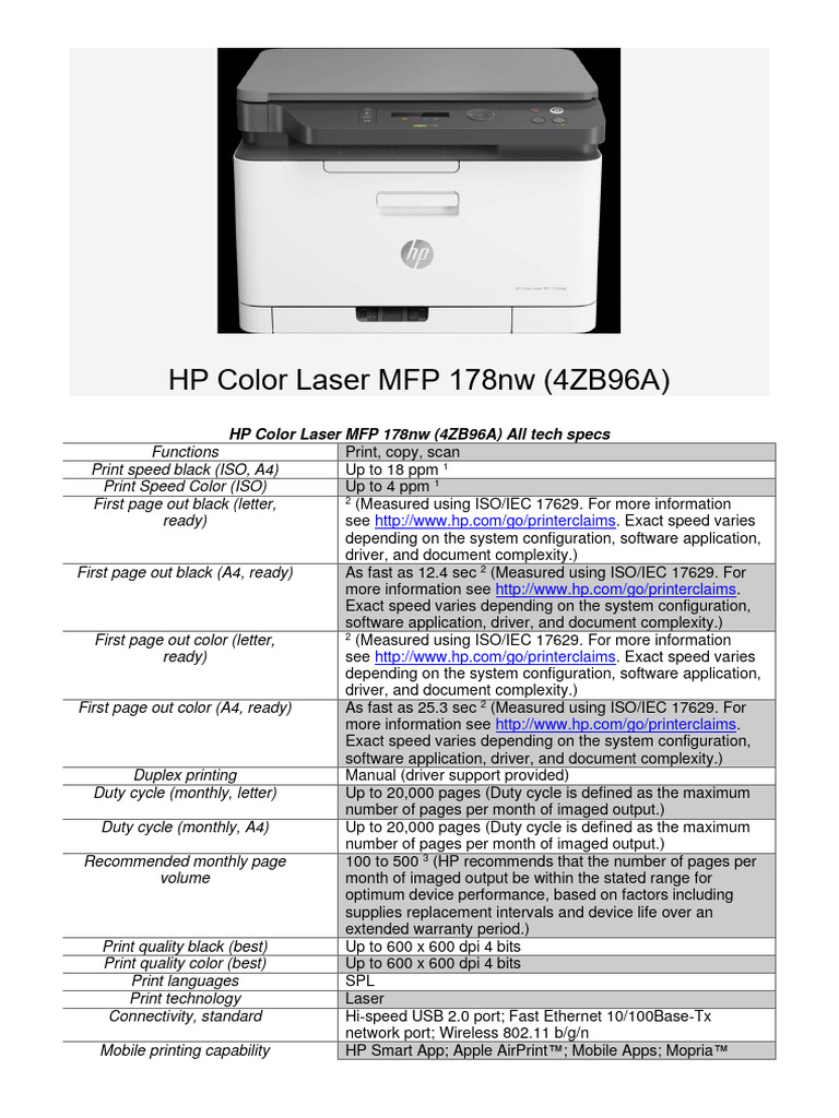 HP Color Laser MFP 178nw Full Spec | PDF | Image Scanner | Wi Fi