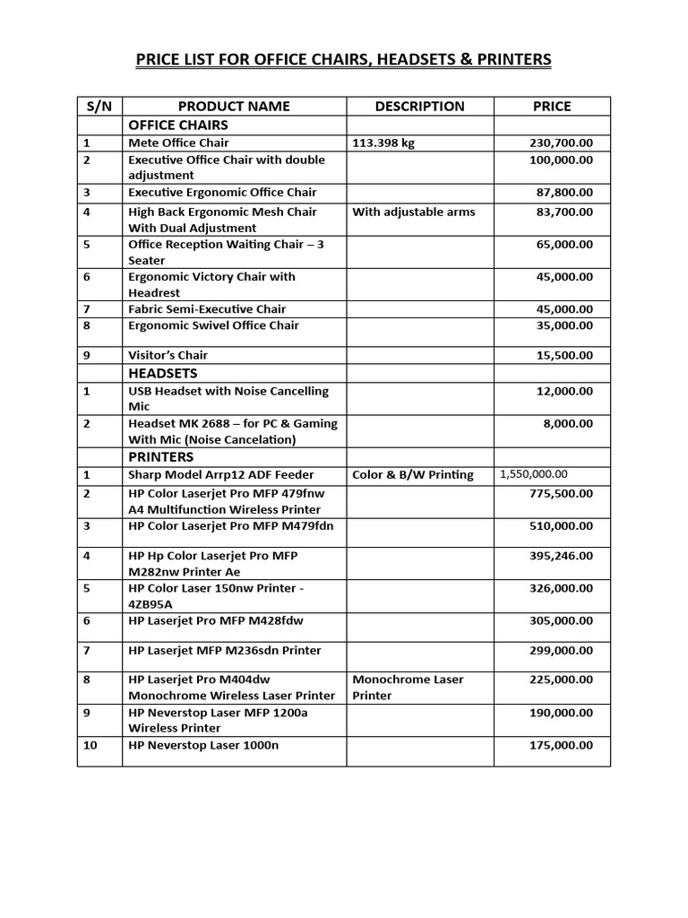 HP Printers and Office Chairs | PDF