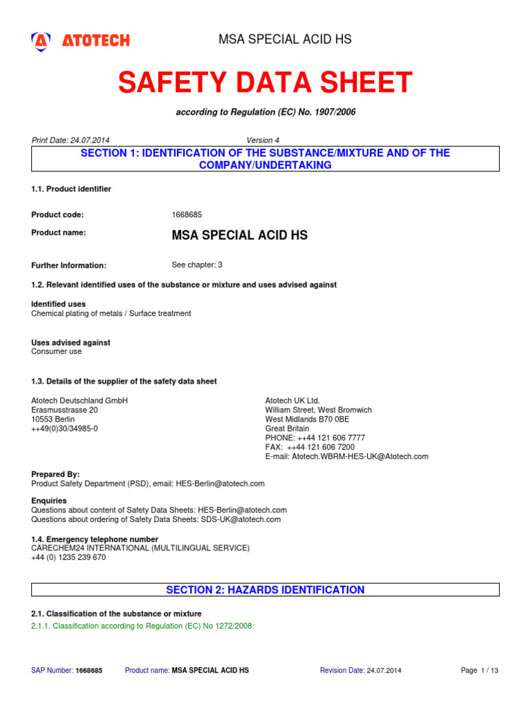 Methanesulfonic Acid Safety Data Sheet | PDF