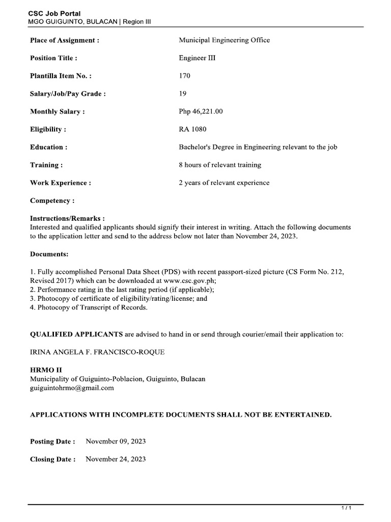 CSC Job Portal Engineer III | PDF