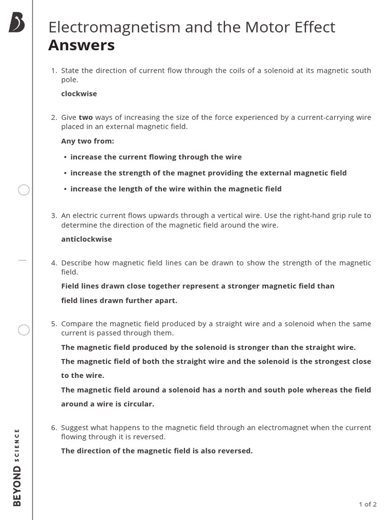 Electromagnetism and The Motor Effect Comprehension Answers | PDF ...