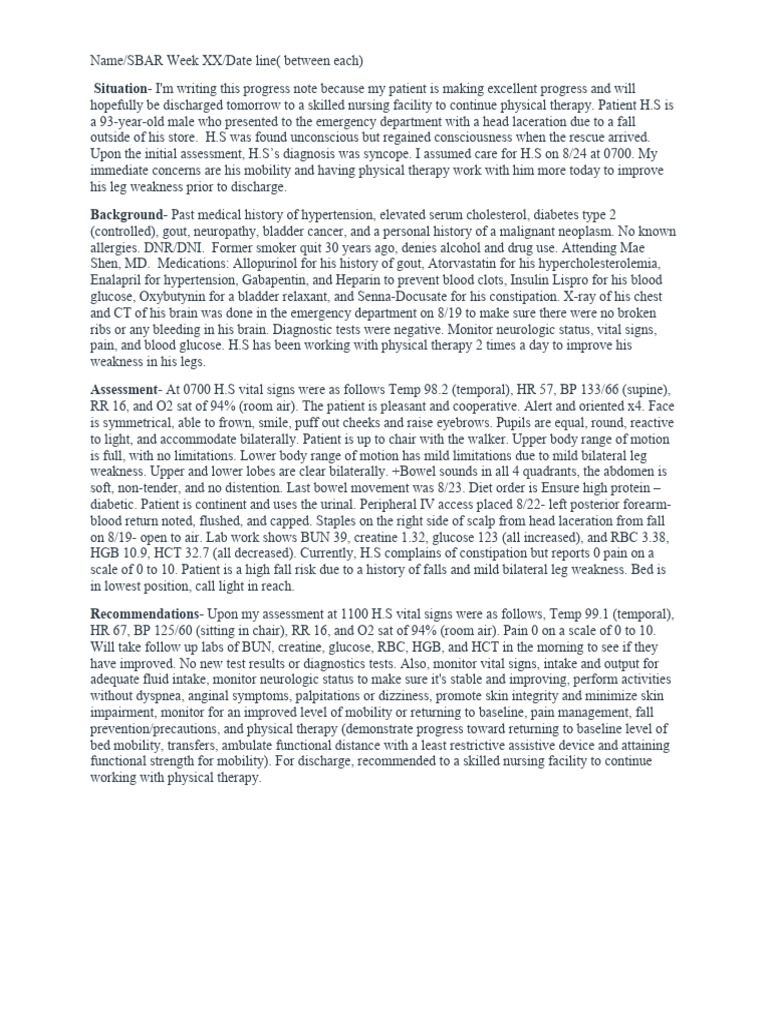 SBAR Example | Download Free PDF | Emergency Department | Physical Therapy