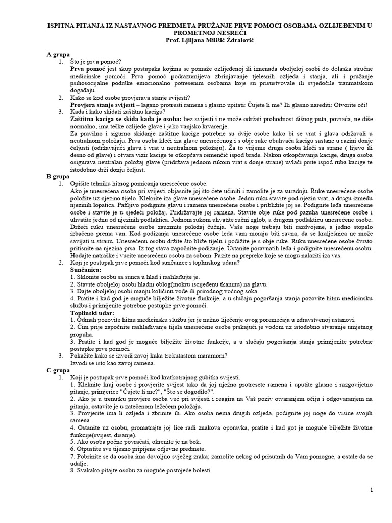ISPITNA PITANJA PRVA POMOĆ - S Odgovorima | PDF