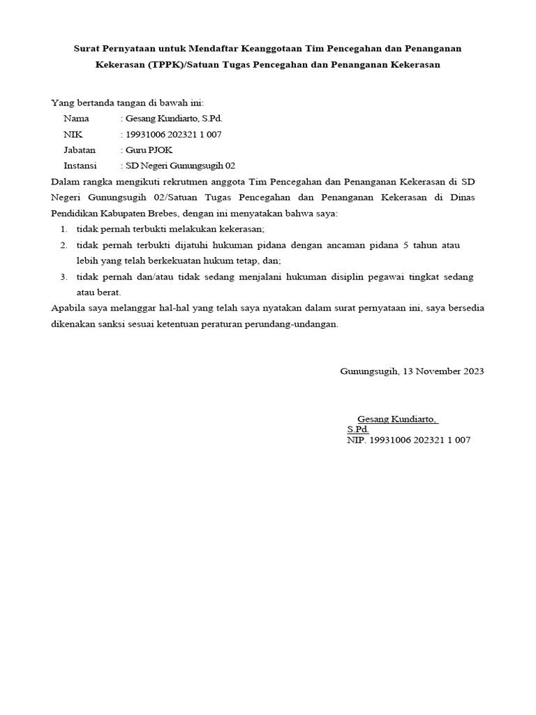 Lampiran 1 - Contoh Surat Pernyataan Keanggotaan TPPK Dan Satgas | PDF