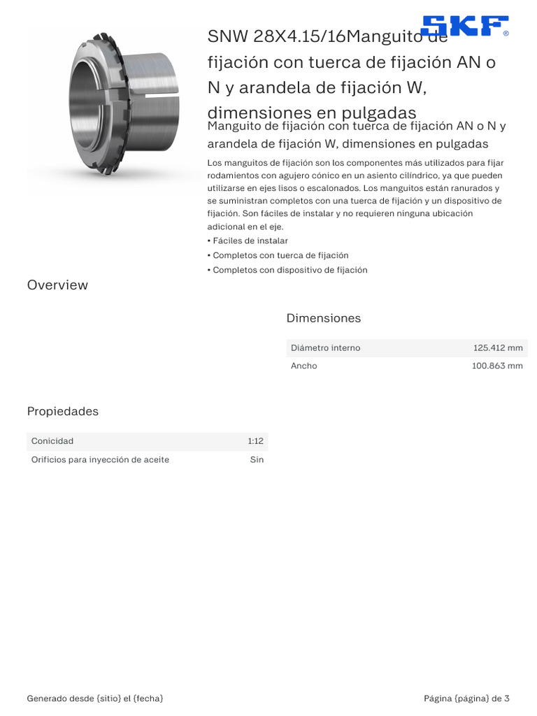 SKF SNW 28X4.15 - 16manguito de Fijación Con Tuerca de Fijación AN o N y Arandela de Fijación W ...
