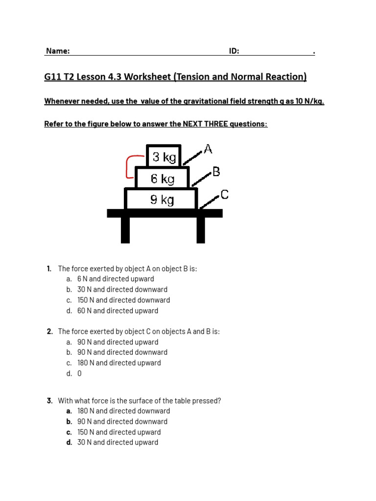 G11 T2 Lesson 4.3 Worksheet (Tension and Normal Reaction) (23-24) | PDF ...