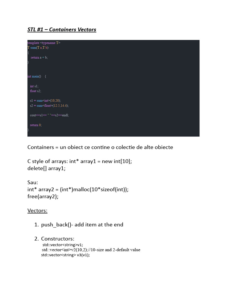STL #1 - Containers Vectors: Template Typename | PDF