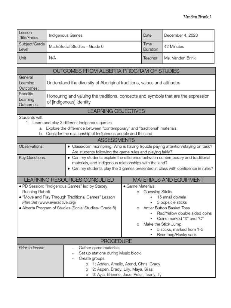 December 4 Indigenous Games Lesson Plan | PDF December 4 Indigenous Games Lesson Plan | PDF