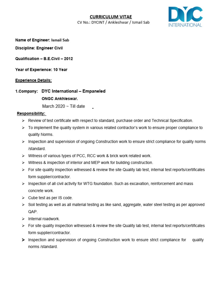 DYCINT-Ankleshwar-Ismail Sab - Civil | PDF