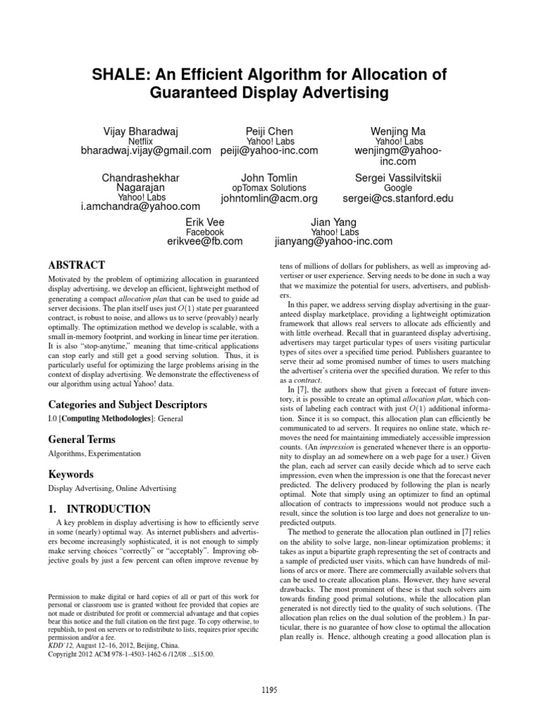 SHALE - An Efficient Algorithm For Allocation of Guaranteed Display Advertising | PDF