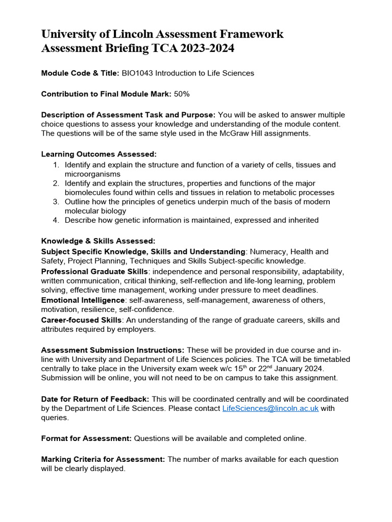 University of Lincoln Module Assessment Briefing TCA 2023-2024 | PDF ...