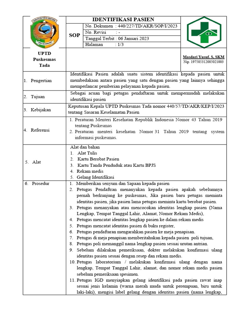 Sop Identifikasi Pasien | PDF